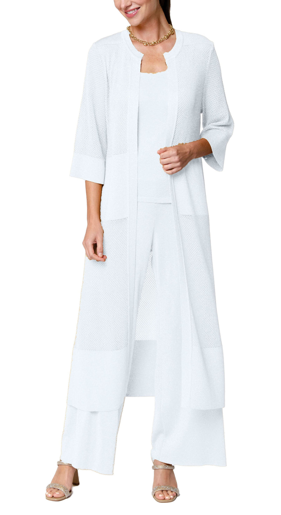 Arianna Shimmery Mesh-Knit Duster / Coat ; Silver White – Morneault's ...