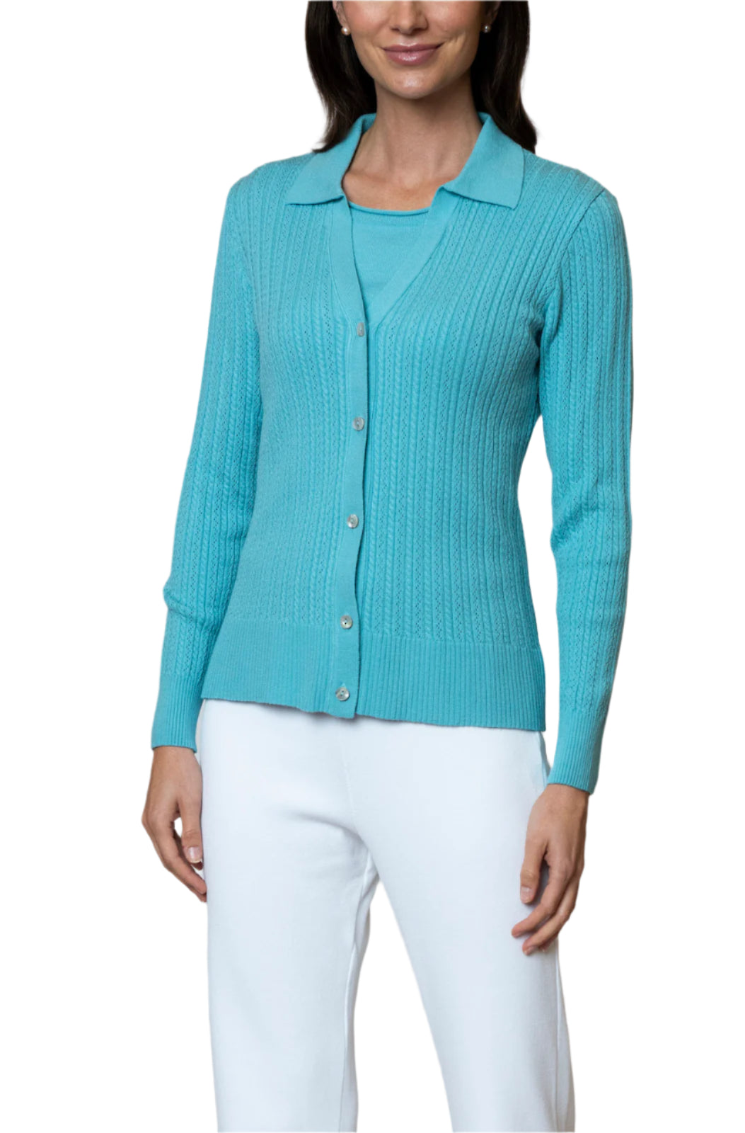 Macy Lace-Cable-Knit Cardigan, Aqua – Morneault's Stackpole Moore Tryon