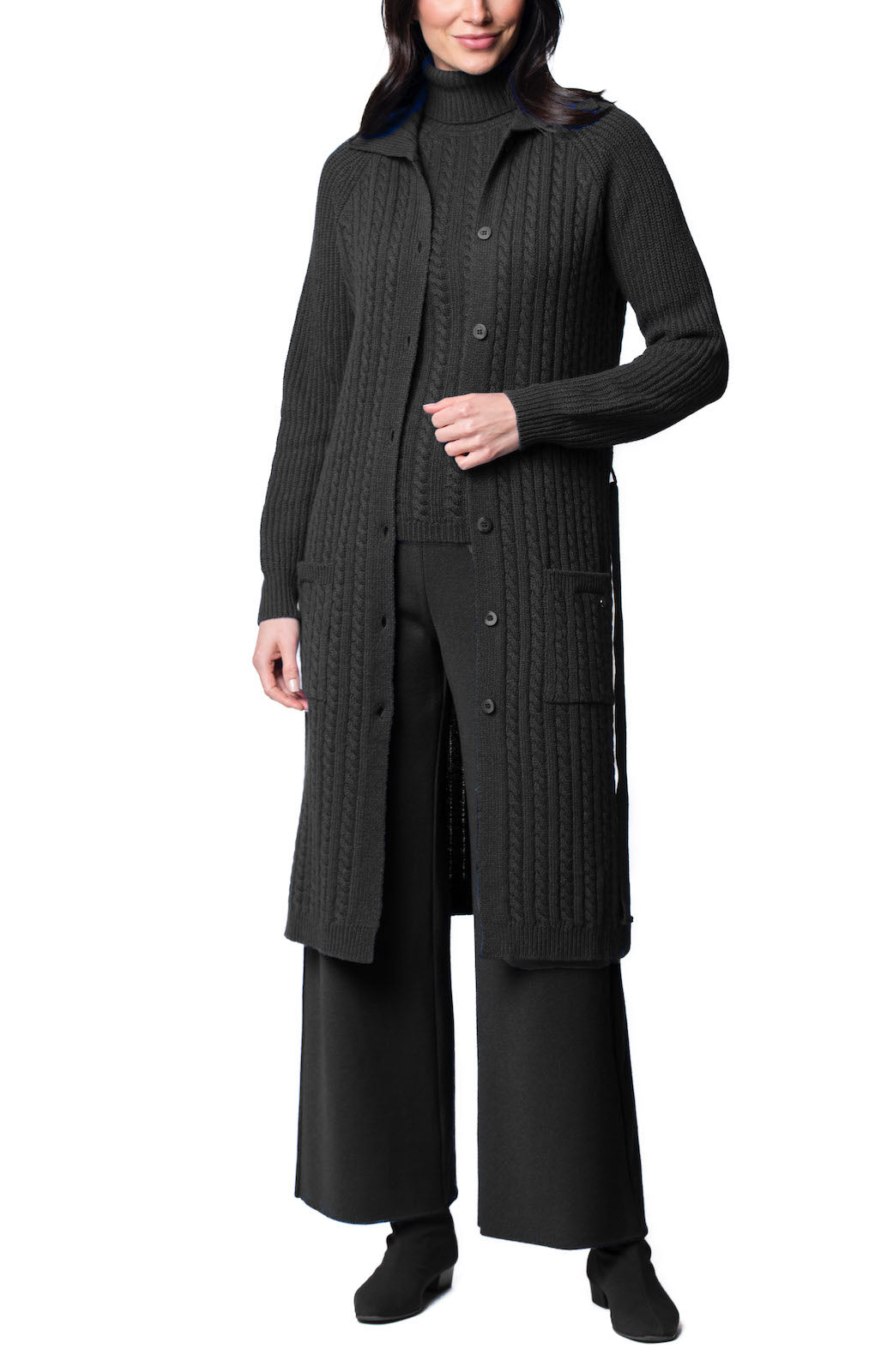 Layla Cable-Knit Belted Coat ; Black Melange – Morneault's Stackpole ...
